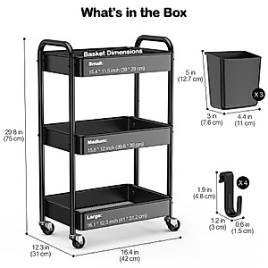 3 Tier Rolling Cart, YASONIC Metal Utility Cart, 66 Pounds Capacity, Mesh Storage Organizer Cart with Lockable Wheels & 3 Hanging Cups & 4Hooks, Easy Assembly, for Kitchen, Bathroom, Laundry, Grocery