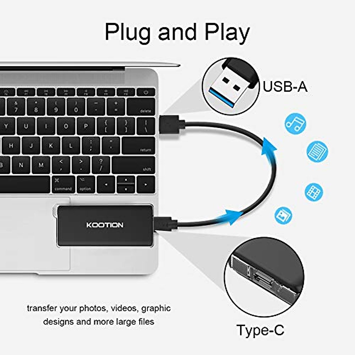 KOOTION Portable External SSD 120GB, USB-C Solid State Drive, USB 3.1 Gen2 - Ultra-Light Type-C PSSD for Gaming PC/Mac/Linux/Android, with Lanyard Hole