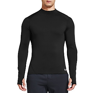 FitsT4 Sports Men's Thermal Fleece Lined Mock Neck Baselayer Tops Long Sleeve Running Athletic Shirt with Thumbholes Black L