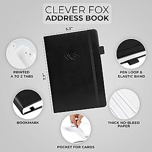 Clever Fox Address Book with alphabetic tabs - PU Leather Telephone and Address Book for Keeping Contacts Safe, Contact Organizer Journal, Medium Size (5.3″ x 7.7″) Hardcover, Black