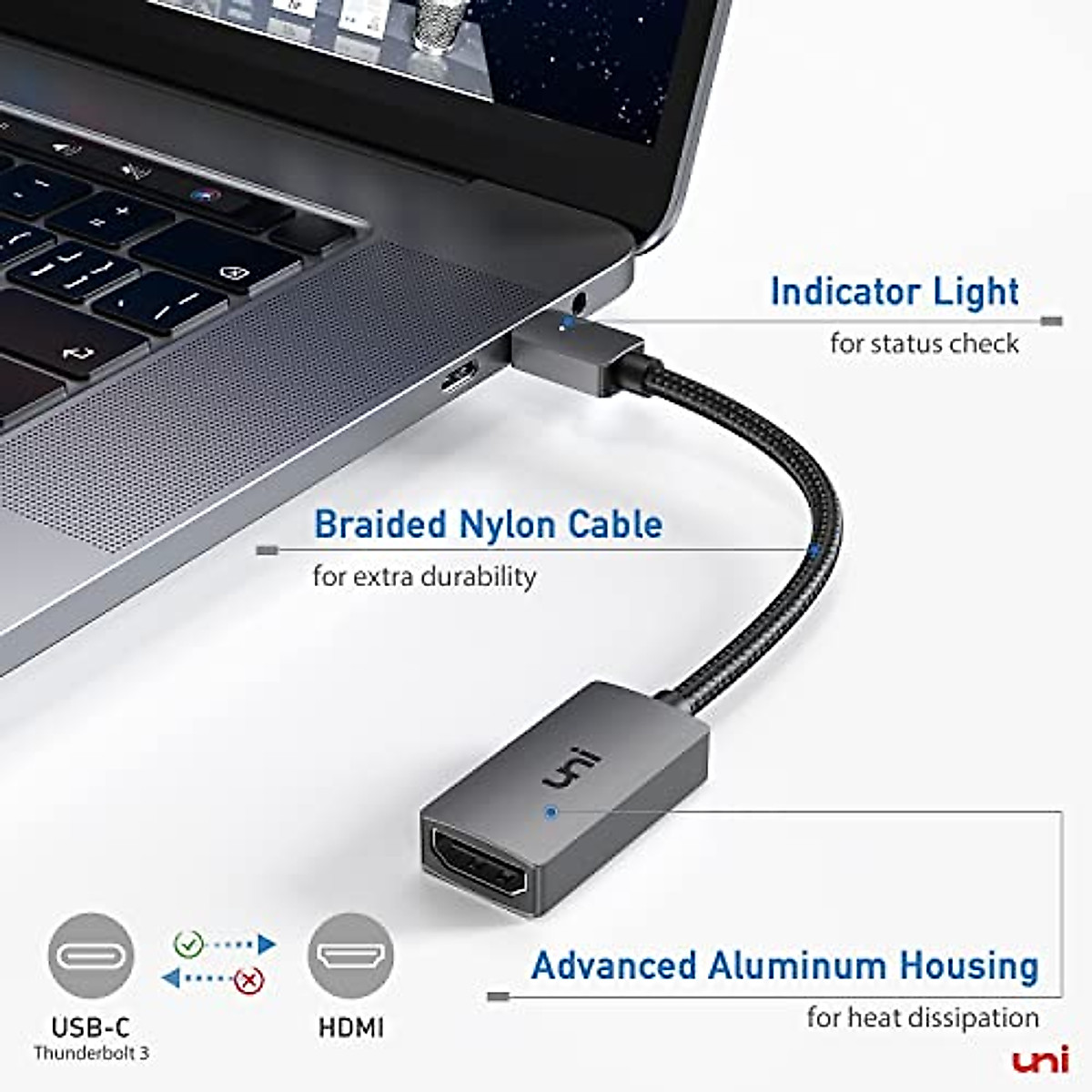 uni USB-C to HDMI Adapter 4K (2-Pack), Aluminum USB Type C (Thunderbolt 3 Compatible) to HDMI Adapter, Compatible with Mac Studio, MacBook Pro/Air, iPad Pro/Air 5, XPS, Surface, S22, and More -Grey