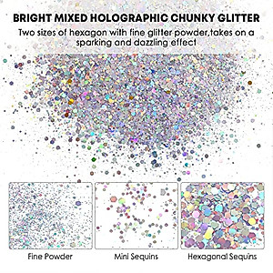 HTVRONT Holographic Chunky Glitter, 100g Silver Chunky Glitter for Resin, 3.53oz Iridescent Glitter Chunky Mixed with Fine Glitter, Shaker Cap Chunky Glitter for Tumbler, Nail, Makeup Craft Glitter