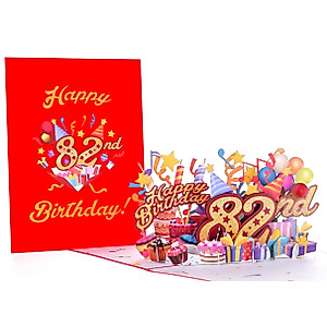 iGifts And Cards Happy 82nd Red Birthday 3D Pop Up Greeting Card – Awesome 82nd Birthday Card For Woman, Man, Happy Eighty Two Birthday Gift For Mom, Dad, Best Wife, Husband Unique Present, 5" X 7"