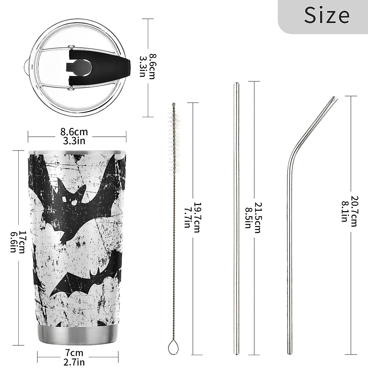 Yasala Halloween Tumbler Retro Black Bats Insulated Coffee Cup Beverage Container Office Travel Mug with Straw and Lid 20oz Holiday Back to School Day of The Dead Gift