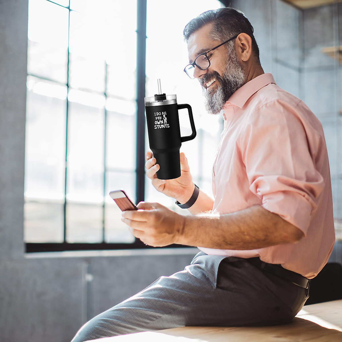 I Do My Own Stunts Tumbler - 40 oz Insulated Cup with Handle & Straw - Funny Get Well Gift for Men & Women, Broken Bone, Surgery Recovery, Knee or Leg Injury, Accident-Prone Coffee Mug