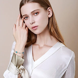 Carleen March Birthstone Bracelet Sterling Silver Aquamarine Bracelet for Women Heart Station Tennis Bracelet Jewelry Gifts Valentines Day Gifts for Women