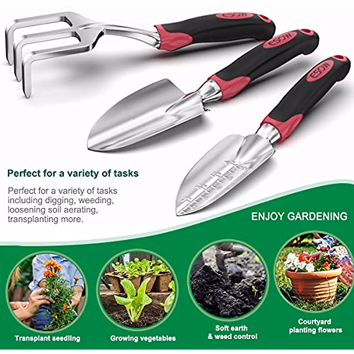 ESOW 11 Includes Hand, Transplant Trowel and Cultivator H Tool Set, 3 Piece Cast-Aluminum Heavy Duty Gardening Kit I, b
