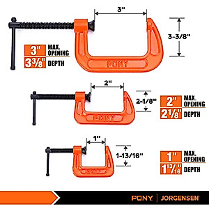 PONY Malleable Iron C-Clamp Set, 3-Piece, (1", 2", 3") Orange