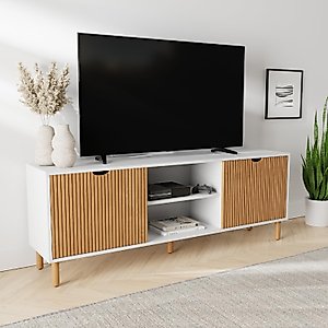 Contemporary Fluted TV Stand - Media Console - 70” Entertainment Center Console Table with Storage for Living Room - Fits 32 to 80" TVs (White and Oak)