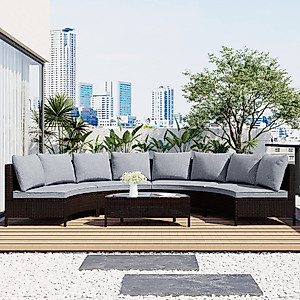 GINGVAT 5-Piece All Weather Brown PE Rattan Wicker Half-Moon Sofa Set Outdoor Patio Sectional Furniture with Tempered Glass Table, Gray