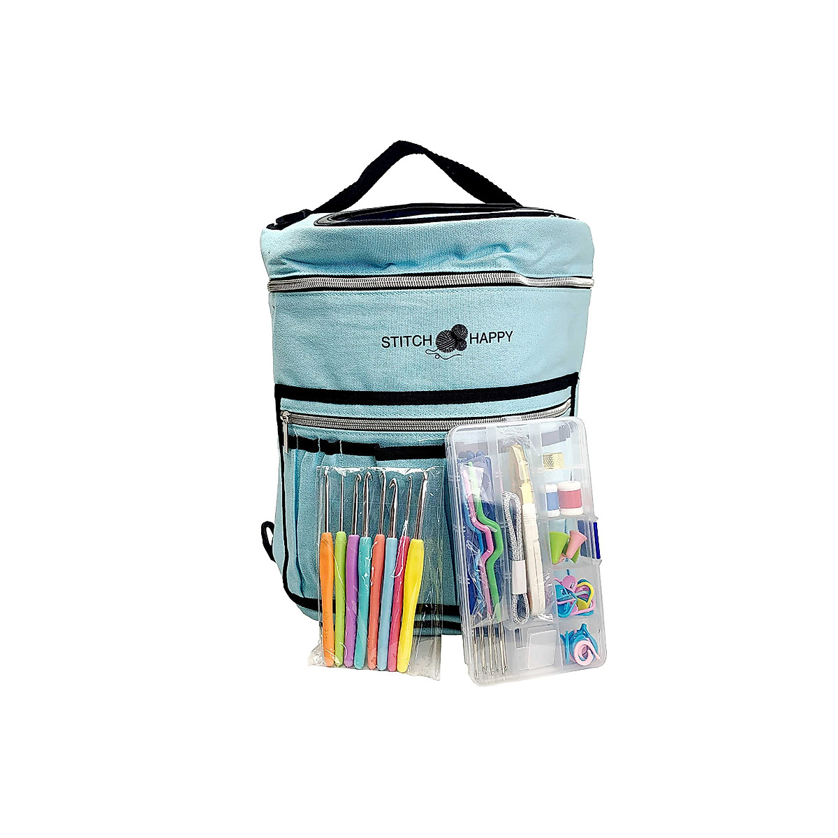 Designer Stitch Happy Crocheting Kit: 52 Piece Crochet Kit for Beginners & 7 Pocket Yarn Bag, Signature Yarn Storage - Angel