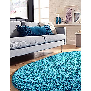Rugs.com - Über Cozy Solid Shag Collection Rug – 8' x 10' Oval Turquoise Shag Rug Perfect for Living Rooms, Large Dining Rooms, Open Floorplans