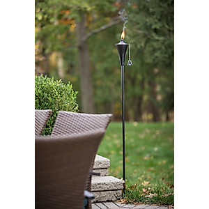 Legends Direct Set of 4, Oahu Premium Metal Patio Torches, 53" Tall- Tiki Style/w Snuffer, Fiberglass Wick & Large 16oz Oil Lamp for Deck, Patio, Lawn, Garden, Luau (Smooth Black)