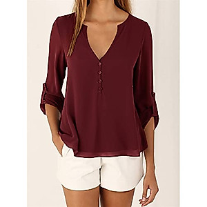 Mayntop Womens Tops Shirt Long Sleeve Chiffon Solid Color Plain Roll-Up Sleeves Plus Size V-Neck Button Loose Blouse(A Wine,M)