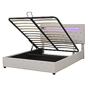 Queen Size Upholstered Platform Bed with Gas Lift up Storage,Adjustable Headboard Featured w/Bluetooth Audio, LED Light and USB Charging,Hydraulic Storage Platform Bed for Kids Teens Adults