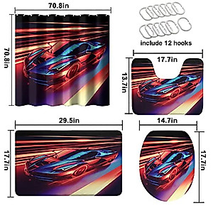 4 Piece Shower Curtain Sets Racing Extreme Sports Speed Games Automobile with Non-Slip Rugs Toilet Lid Cover and Bath Mat Bathroom Decor Set 72" x 72"