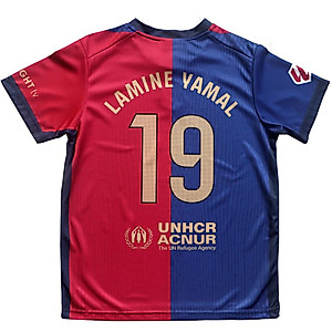 CEKFAX 2024/2025 Barca Home #19 Lamine Yamal Football Soccer Kids Jersey Shorts Socks Set Youth Sizes (Navy,16)