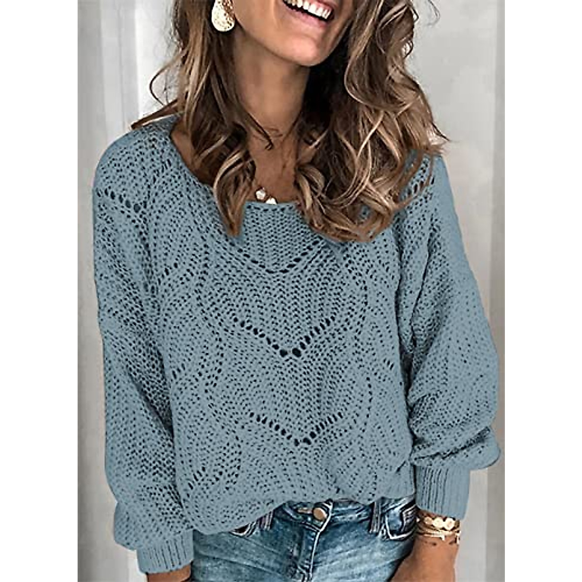 Dokotoo Womens Ladies Cute Fashion Casual Loose Winter Fall 2023 Color Block Hollow Out Chunky Cable Knit V Neck Long Sleeve Sweaters Pullover Dusty Blue Large