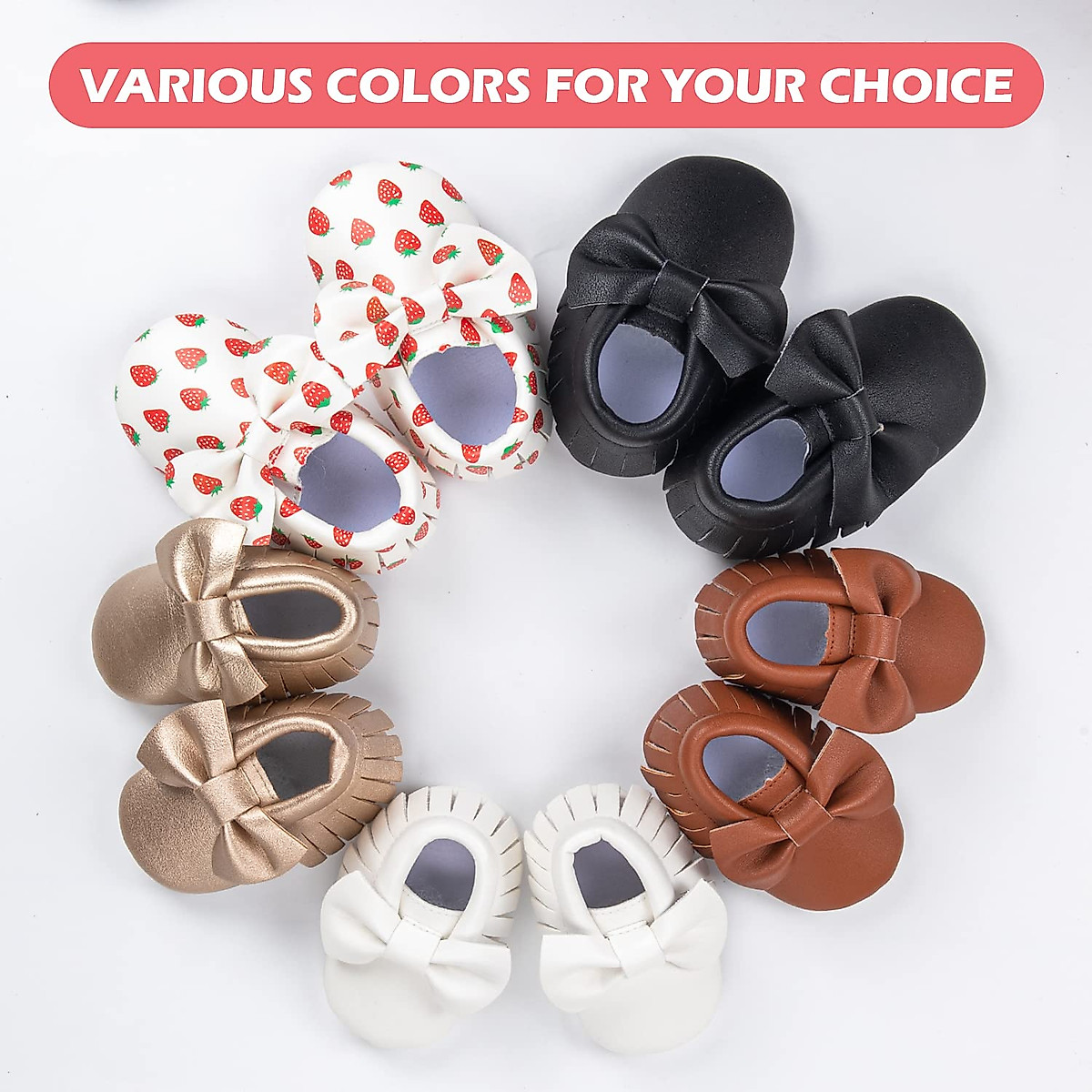 HONGTEYA Baby Moccasins with Rubber Sole&Soft Sole - Flower Print PU Leather Tassel Bow Girls Ballet Dress Shoes for Toddler (6-12Months, 12.5cm,5.5 M US Toddler, Strawberry)