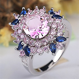 PAMTIER Women's Stainless Steel Pink Flower Ring with Zircon Gemstone Size 7