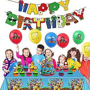 Mario Birthday Party Supplies, Birthday Decorations Set Include Banner Balloons Cake Cupcake Toppers Tablecloth for Boys Girls Video Game Theme Party