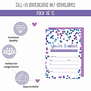 Purple Confetti Invitations with Envelopes (15 Pack) Invites for Girls Birthday, Baby Shower, Teens, Kids, Graduation, Any Party – Abstract Watercolor Dot Theme – Personalize Blank Cards 4x6 Set