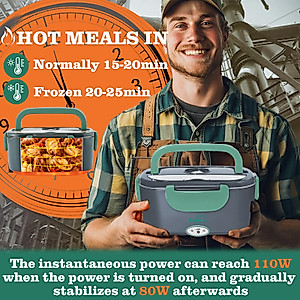 Buddew Electric Lunch Box 80W Food Heater 3 in 1 12/24/110-230V Portable Lunch Warmer Upgraded Leakproof Heated Lunch Box for Car/Truck/Office with SS fork & Spoon and Insulated Carry Bag(Green)