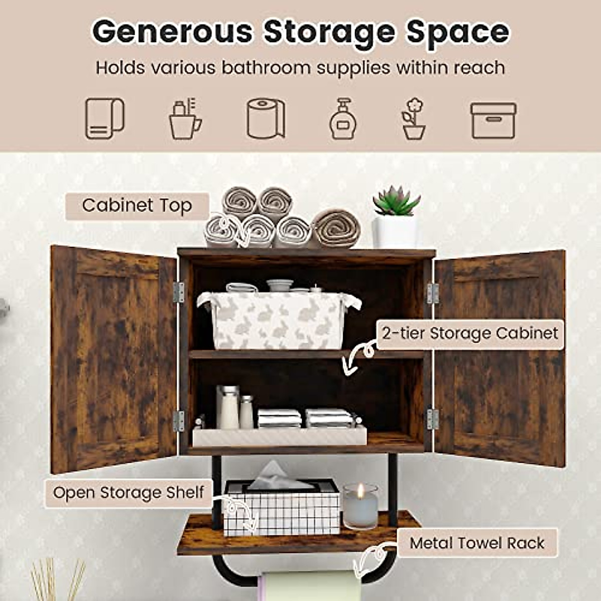 LOKO Bathroom Wall Cabinet, Space Saver Medicine Cabinet with 2 Doors, Storage Shelves & Towel Bar, Wall Mounted Towel Cabinet for Bathroom, Kitchen, Entryway (Rustic Brown)