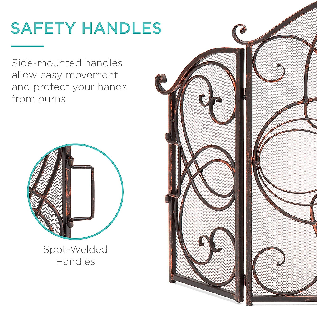 Best Choice Products 3-Panel 55x33in Solid Wrought Iron See-Through Metal Fireplace Screen, Spark Guard Safety Protector w/Decorative Scroll - Copper