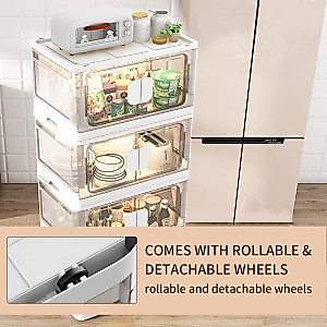 Storage Bins with Lids - Stackable Plastic Storage Bins with Wheels, 18-Gal Folding Box with Open Front Doors, 3 Pack Collapsible White Storage Box for Organizer Extremely Durable, High-capacity