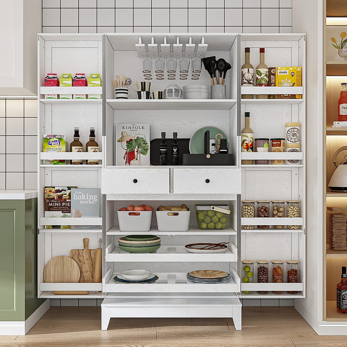 AIEGLE Kitchen Pantry Cabinet with Sliding Tray, 2 Door Freestanding Cupboard Storage Organizer with Drawers, Wine & Seasoning Rack, White 68.9" Tall