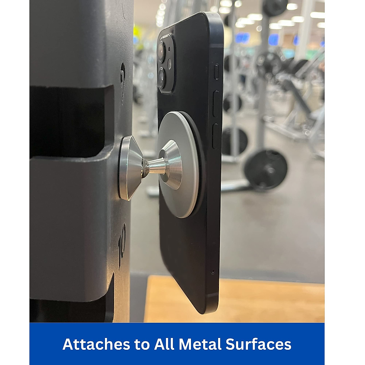 Gym Mate Magnetic iPhone Mount Holder. Attaches magnetically to Metal Surface. Shoot Hands-Free Videos While Working Out. Compatible with MagSafe on iPhones 12/13/14/15. Stable & Secure