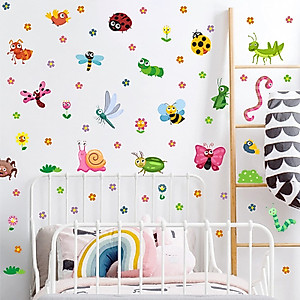 Maydahui Cartoon Insect Wall Decals Stickers (50 x 50 Inch) Butterfly Ant Flower Leaf Caterpillar Ladybug Dragonfly Mantis Snail Bird Little Bee Snake Cloud Butterfly DIY Removable Cute Animals Wall