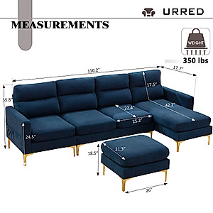 URRED Sectional Sofa Couch, 4 Seat U-Shaped Sofa Set for Living Room,Velvet Fabric Convertible Modular Sofa Sleeper with Double Chaise/Oversized Seats/Comfortable Backrest, Blue