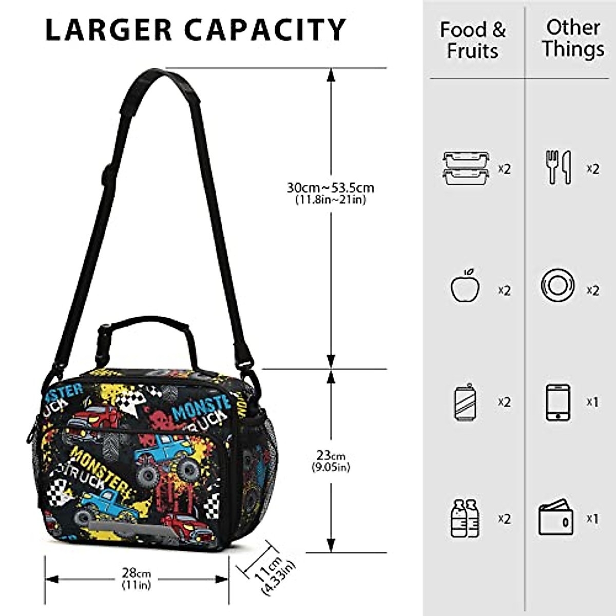 KOCOART Monster Truck Insulated Lunch Bag Large for Women Men Grunge Spray Cooler Tote Bag with Adjustable Shoulder Strap Reusable Picnic Lunch Box Outdoor for Adult Office