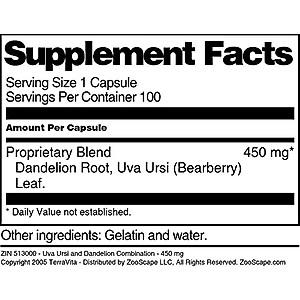 Uva Ursi and Dandelion Combination - 450 mg (100 Capsules, ZIN: 513000)