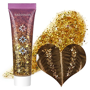 BADCOLOR Gold Face Body Glitter Gel, Holographic Shimmer Chunky Glitters Makeup for Hair Nails Eye Lips, Music Festival Concert Rave Accessories Party, Long Lasting Sparkling Mermaid Sequins Gel Kit