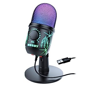 MRSDY USB Microphone, Plug and Play Gaming Mic for PC, Mac, PS4/5, Podcast Microphone with RGB, Mute, Monitor, Noise Reduction, Volume Gain, Great for Recording, Streaming
