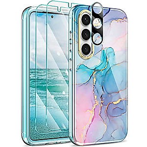 Turquiase for Samsung Galaxy S23 Case with 2pcs Tempered Screen Protector&1pcs Len Camera Protector, Lightweight and Stylish Full Body Shockproof Protective Rugged TPU Case, Blue Marble