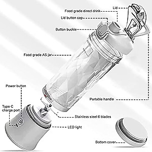 ABHI 600ML/20oz Portable Blender with Lanyard & Bottom Cover Drinking Spout 6 Stainless Steel Blades Juice Mixer Machine Type C Recharging Smoothie Vegetables Fruits Mixing Juicer - White