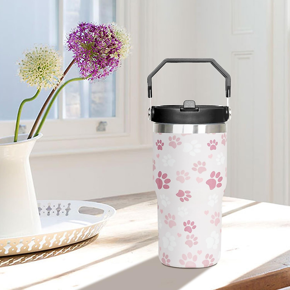 Dog Tumbler Cups 20oz Travel Mug Dog Mom Gifts Paw Print Tumbler with with Flip Straw and Top Handle Dog Gifts for Dog Lovers Women Travel Cups Mugs