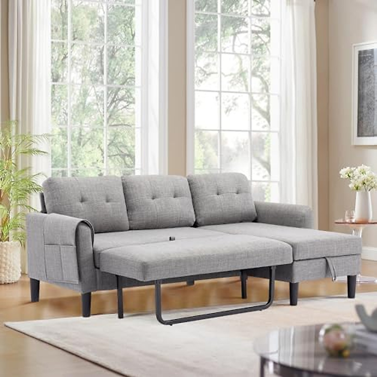 HUMEHA Convertible Sleeper Sofa, Linen Reversible Sleeper Sectional Sofa with Storage Chaise, Modern Upholstered Pull Out Sofa Bed, L Shaped Sofa Couch for Living Room Bedroom, Light Gray