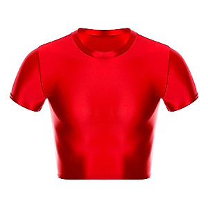 Yihuimin Men's Shiny Oil Short Sleeve Crop Tops Shirt Gym Sports Workout Compression T-Shirt Blouse Red Large