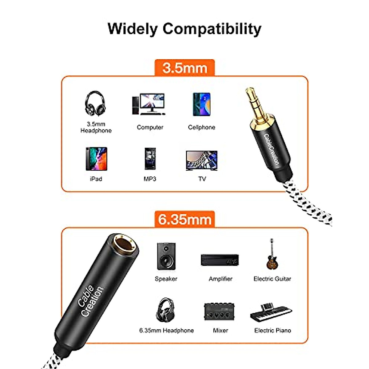 CableCreation 3.5mm to 6.35mm Headphone Adapter 1FT, TRS 6.35 (1/4 inch) Female to 3.5 (1/8 inch) Male Adapter Cable for Amplifier, Guitar, Headphone, Home Theater Devices, Laptop, Phone