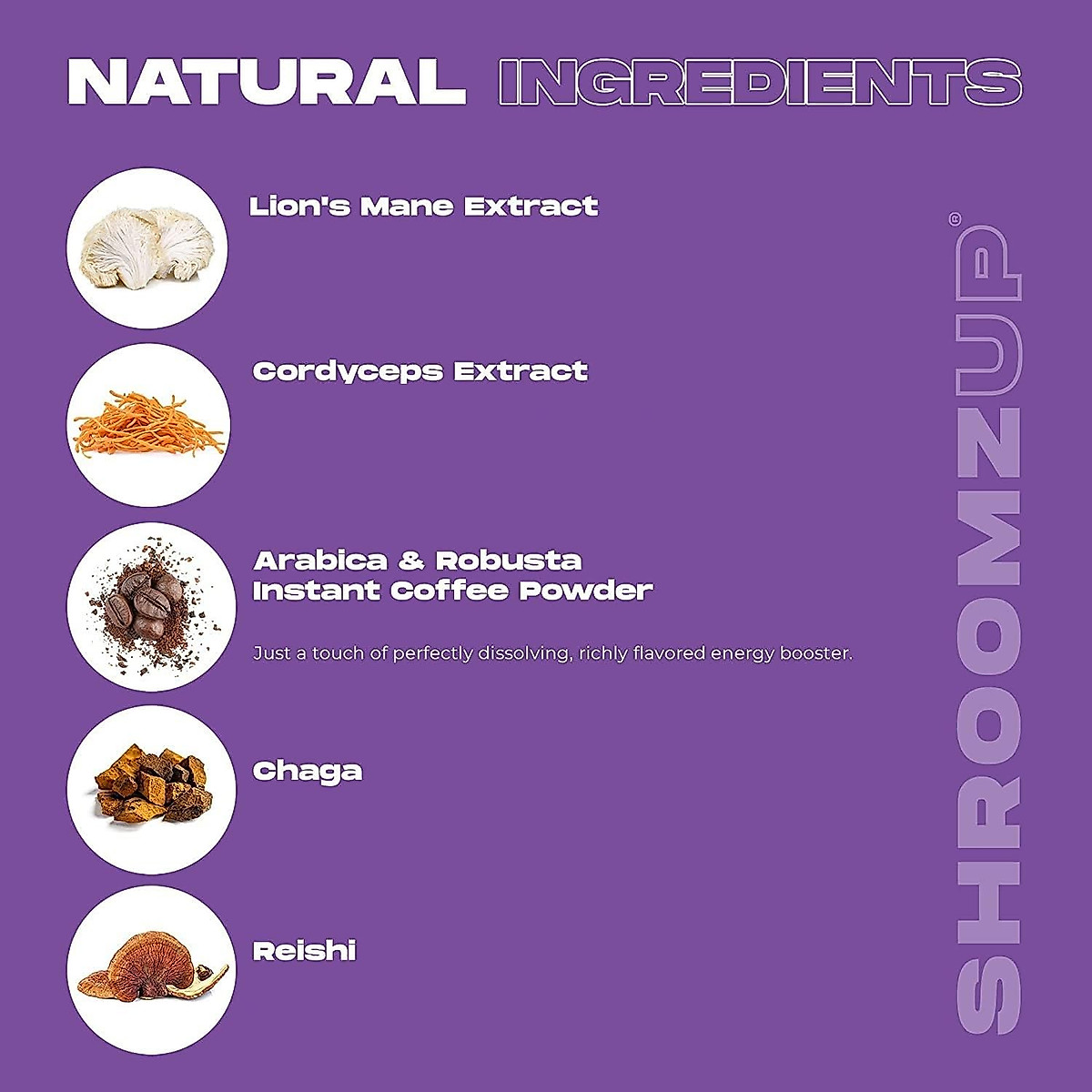ShroomzUp Mushroom Coffee Instant - 15 Pack with 4 Mushrooms - Lion’s Mane, Reishi, Chaga and Cordyceps Mushrooms - Vegan Nootropic Coffee Instant - Arabica and Robusta Superfood Instant Shrooms Coffee for Energy