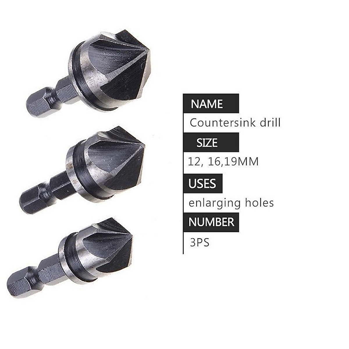 Yakamoz 3Pcs 1/4 Inch Hex Shank 5 Flute 90 Degree Chamfering Countersink Drill Bit Set | 12mm 16mm 19mm