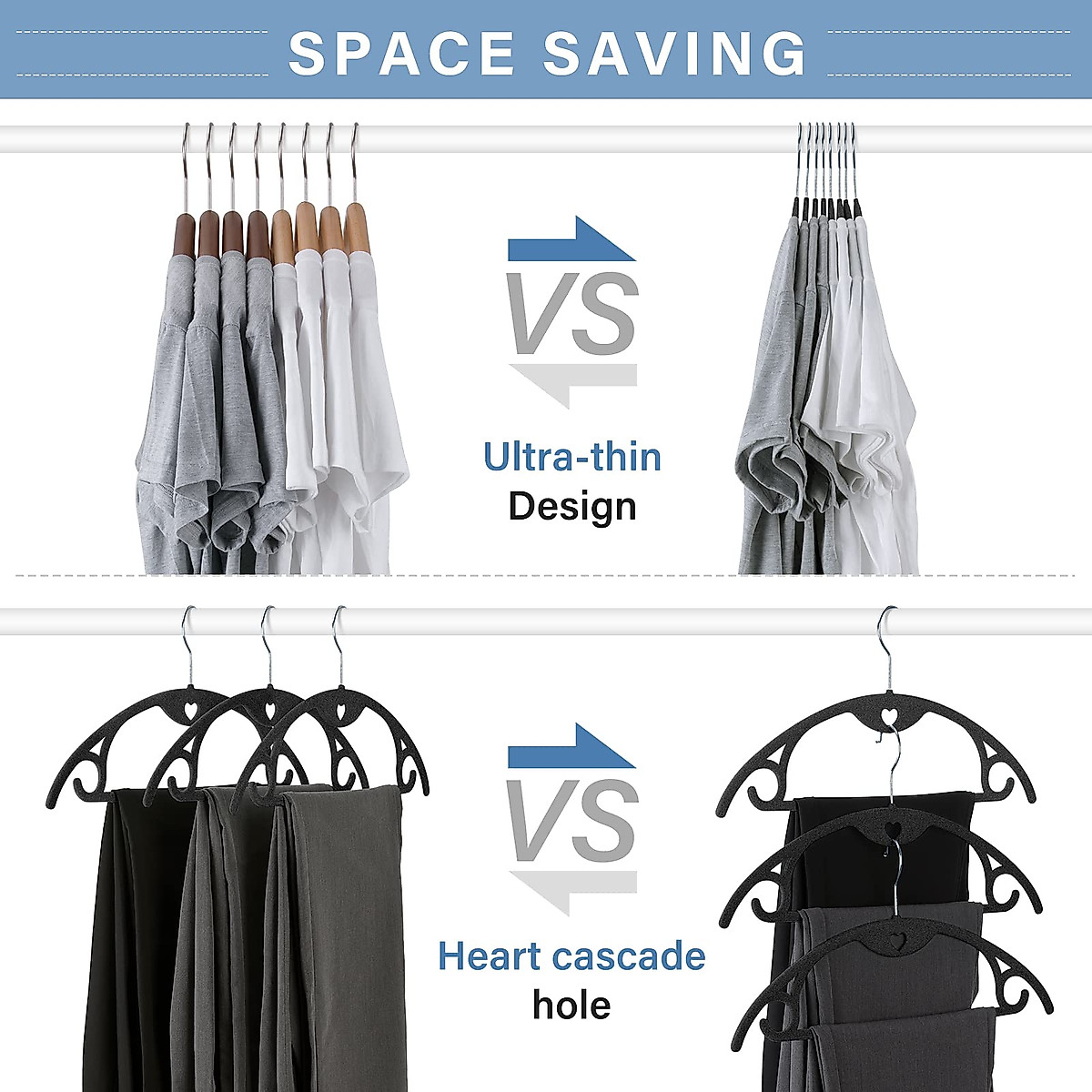 IEOKE Velvet Hangers, 50-Pack No Shoulder Bumps Suit Hangers Ultra Thin Space Saving 360 Degree Swivel Heavy Duty Hook Durable Hangers for Sweaters Coat Jackets Shirts Dresses (50 Pack, Black/Silver)