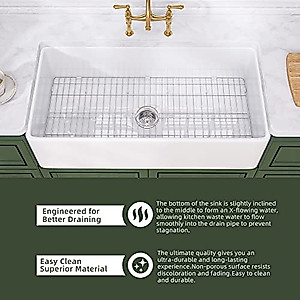 TUKTUK White Farmhouse Sink 36 Inch Fireclay Apron Front Single Bowl Kitchen Sinks Deep Drop In Farm Sink Undermount Luxury Bottom Grid & Strainer Drain Included