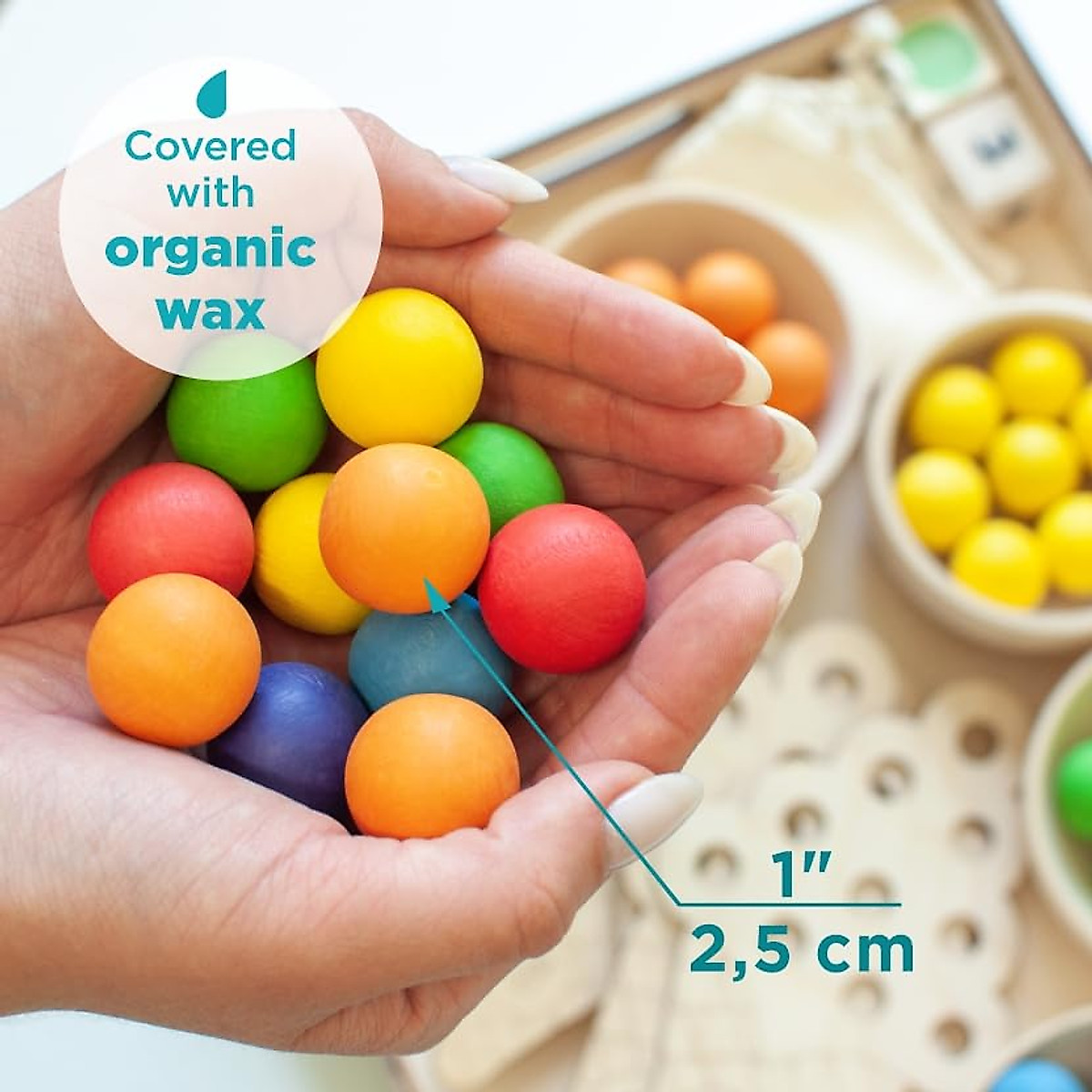 Ulanik Sweet Counting Large Toddler Montessori Toys for 3 Year Old + Kids Wooden Matching Game for Learning Color Sorting and Counting — 60 Balls, 0.98 in