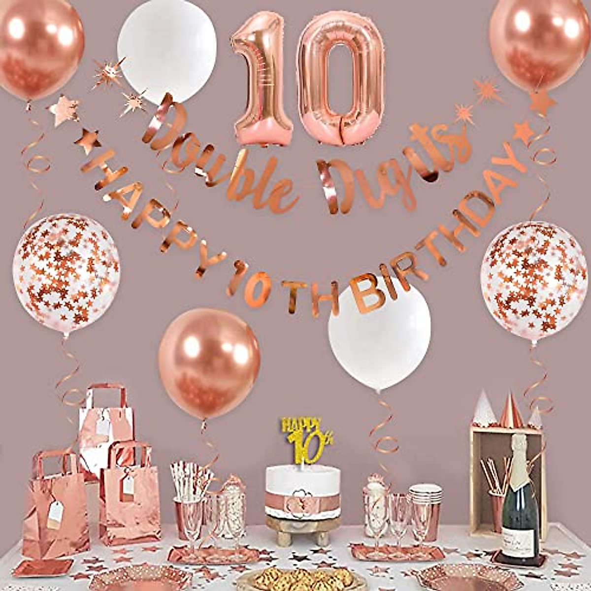 Rose Gold Double Digits Happy 10th Birthday Banner Garland Foil Balloon 10 for Girls Boys 10th Birthday Decorations Hanging 10 and Fabulous Cheers to 10 Years Old Ten Birthday Party Supplies Backdrop